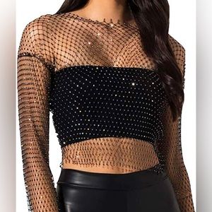 Tops | Mesh Body Chain Rhinestone Long Sleeve Overlay Top | Poshmark